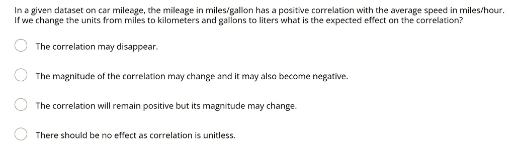 In a given dataset on car mileage, the mileage in miles/gallon has a positive correlation with ...