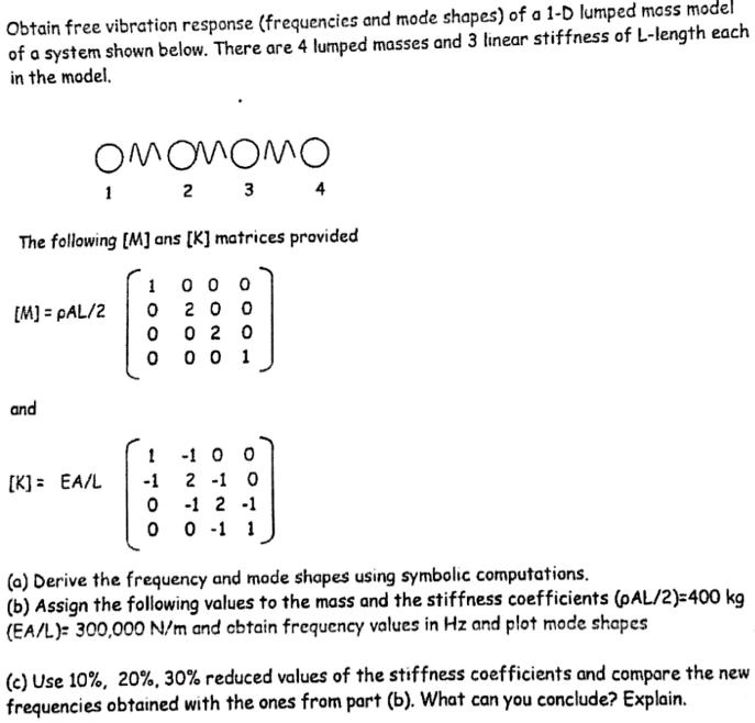 Obtain free vibration response (frequencies and mode shapes) of a 1-D ...