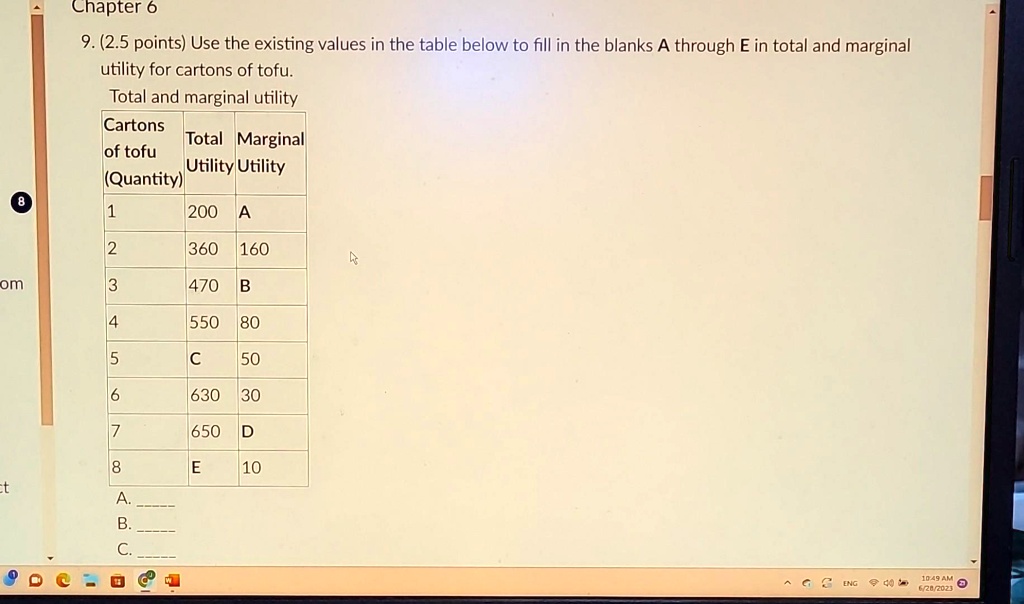 SOLVED: Texts: Chapter 6 9. (2.5 points) Use the existing values in the table below to fill in ...
