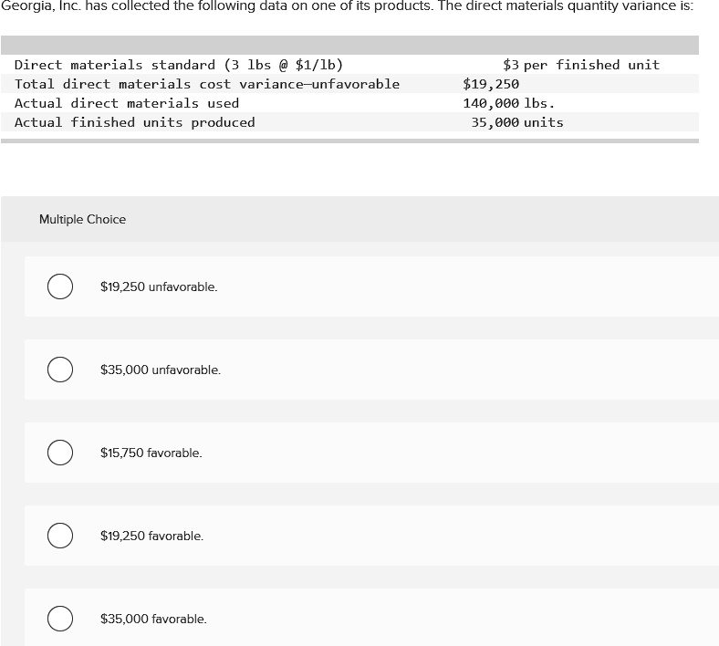 SOLVED: Georgia, Inc. has collected the following data on one of its ...