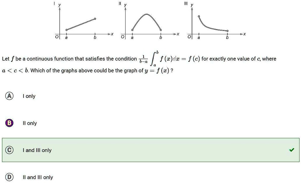 Let f be a continuous function that satisfies the condition (1)/(b-a)^b f(x)dx = f(c) for ...