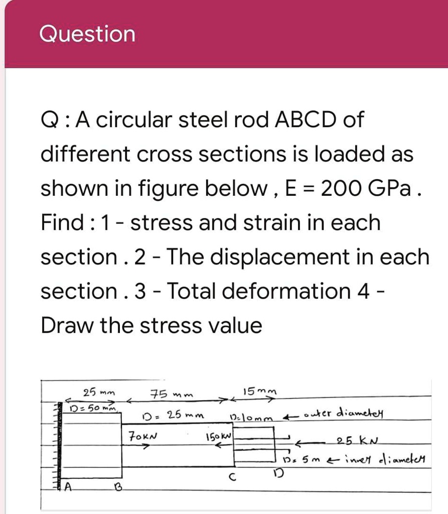 Question Q : A circular steel rod ABCD of different cross sections is loaded as shown in figure ...