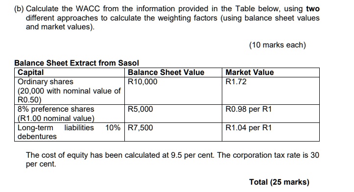 SOLVED: (b Calculate the WAcC from the information provided in the ...