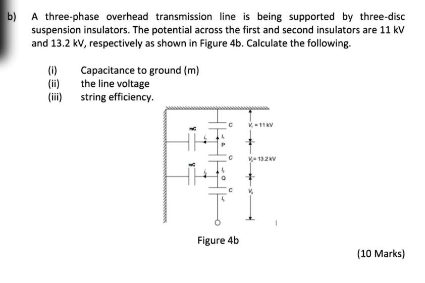 b) A three-phase overhead transmission line is being supported by three-disc suspension ...