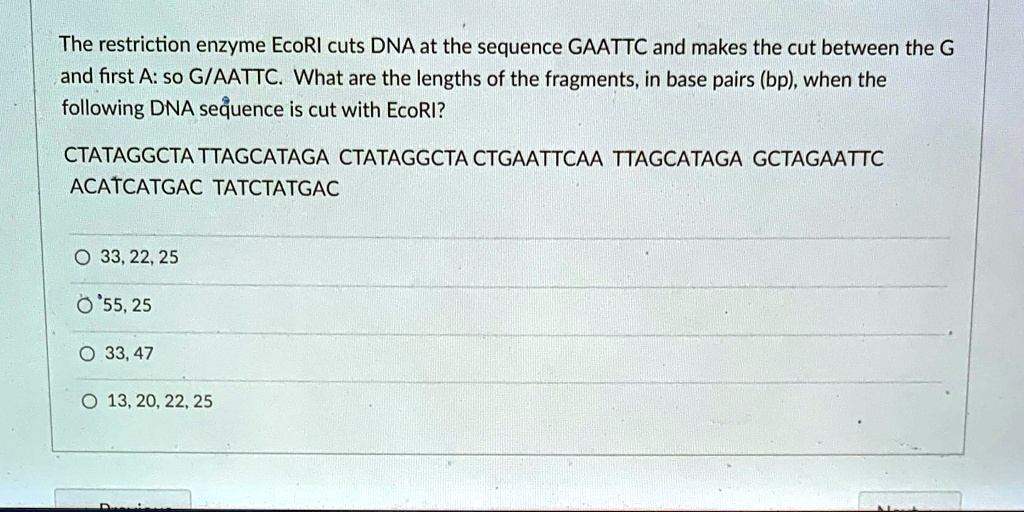 The restriction enzyme EcoRI cuts DNA at the sequence GAATTC and makes ...
