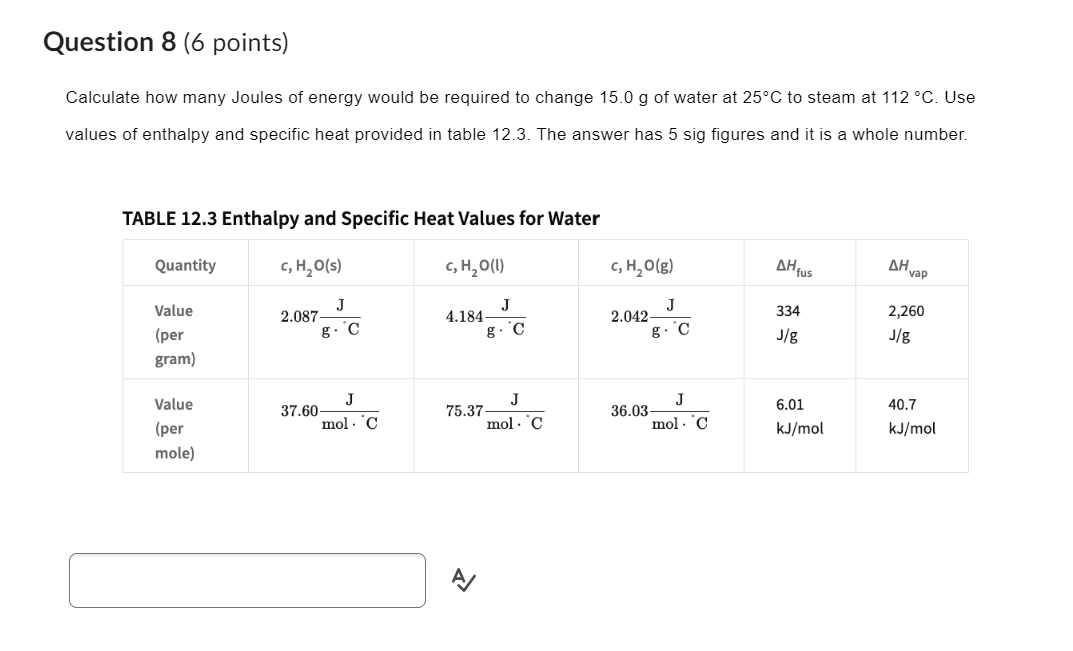 SOLVED: Question 8 (6 points) Calculate how many Joules of energy would ...