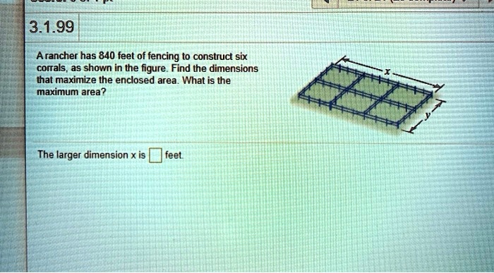 3.1.99 A rancher has 840 feet of fencing to construct six corrals, as shown in the figure. Find ...