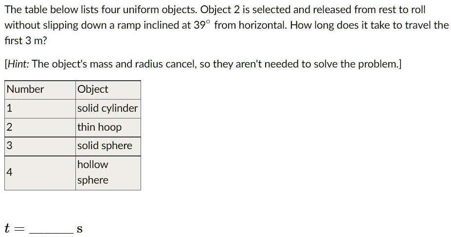 SOLVED: The table below lists four uniform objects. Object 2 is selected and released from rest ...