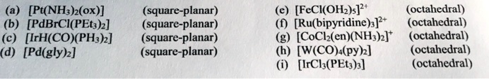 SOLVED: (a) [Pt(NH;)(ox)] (b) [PdBrCI(PEt3)] (c) [IrH(COJPH;)] (d) [Pd ...