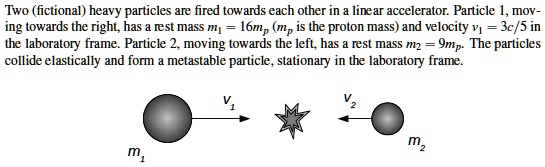 Two (fictional) heavy particles are fired towards each other in a linear accelerator. Particle 1 ...