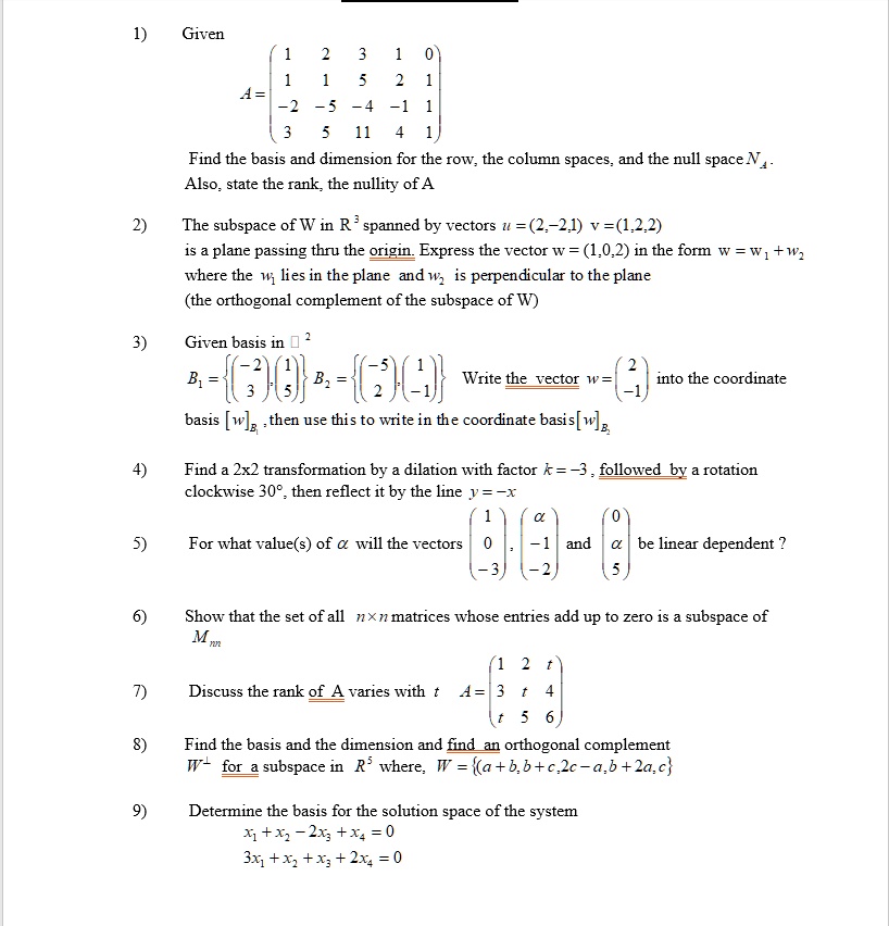 SOLVED: Given -5 Find the basis and dimension for the row; the column ...