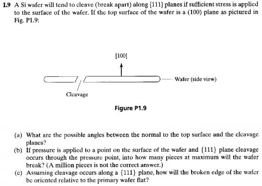 1.9 A Si wafer will tend to cleave (break apart) along (111) planes if ...