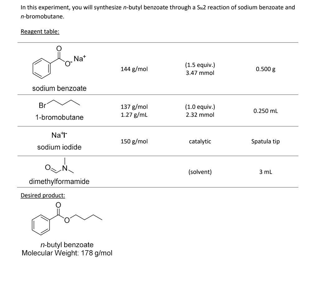In this experiment, you will synthesize n-butyl benzoate through a Sn2 ...