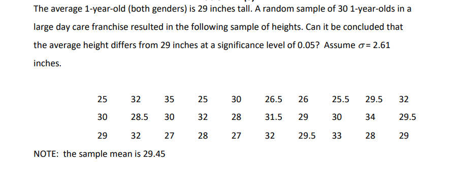 SOLVED: The average 1-year-old (both genders) is 29 inches tall. A ...