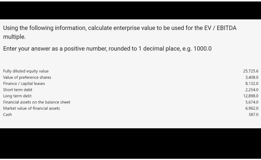 SOLVED: Using the following information, calculate enterprise value to be used for the EV ...