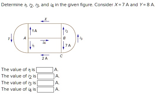 Determine i1, i2, i3, and i4 in the given figure. Consider X = 7 A and Y = 8 A. 1A Y A X i2 B i3 ...