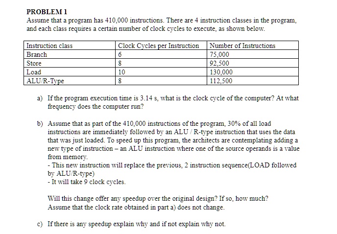 Text: PROBLEM 1 Assume that a program has 410,000 instructions. There are 4 instruction classes ...