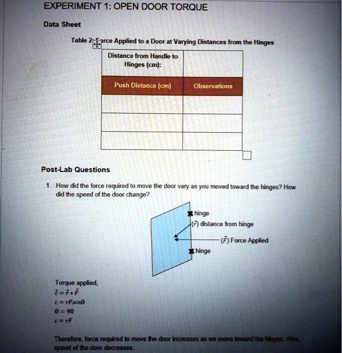 experiment 1 open door torque data sheet table 2fprce applied to door ...
