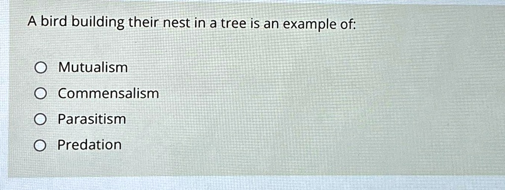 A bird building their nest in a tree is an example of: Mutualism ...