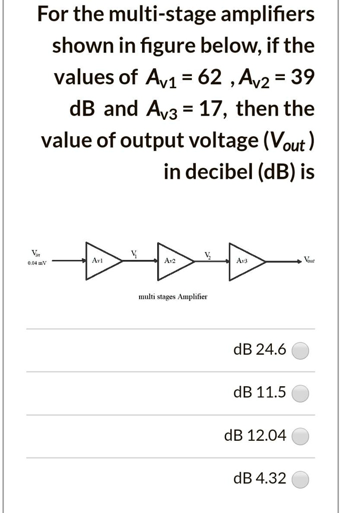 SOLVED: For the multi-stage amplifiers shown in the figure below, if the values of Av1 = 62, Av2 ...