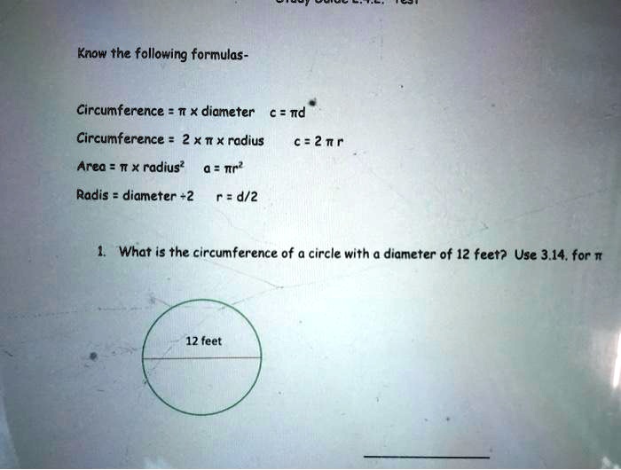 SOLVED: Know the following formulas: Circumference: C = Ï€d ...