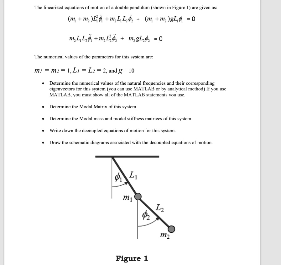 SOLVED: The linearized equations of motion of a double pendulum (shown in Figure 1) are given as ...