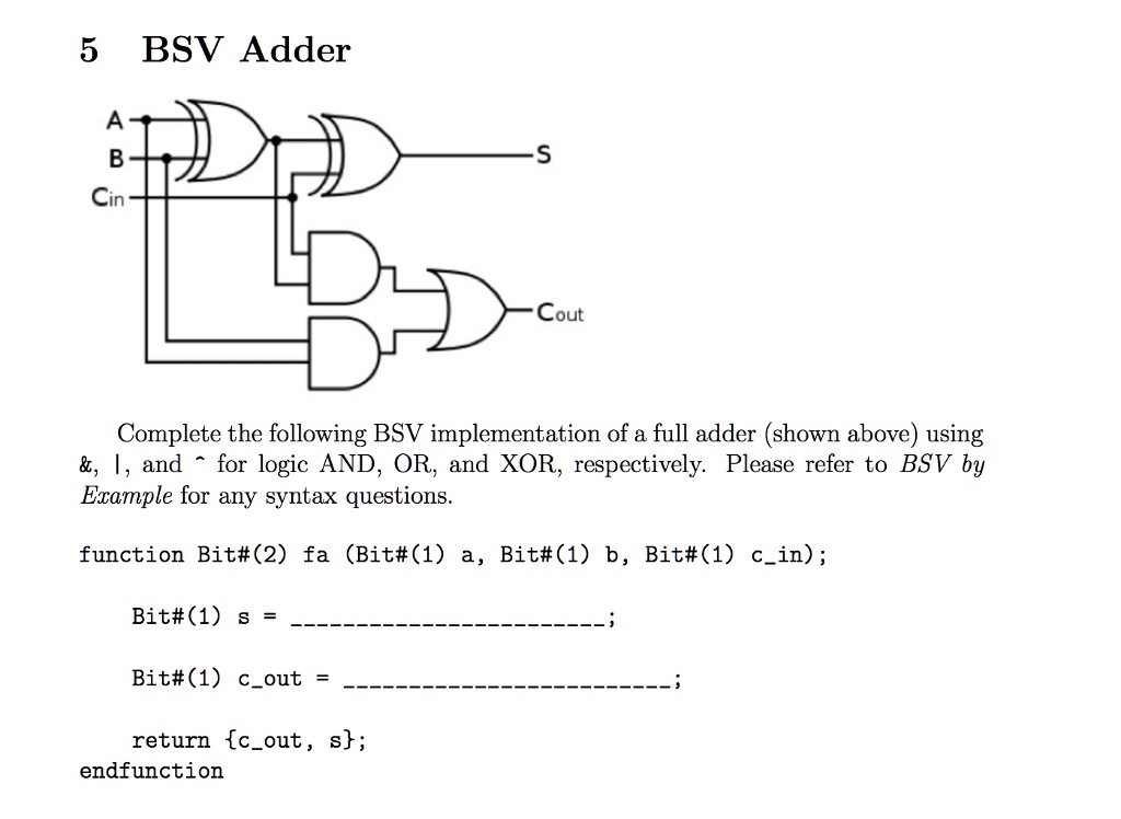 SOLVED: BSV Adder A B Cin out Complete the following BSV implementation ...