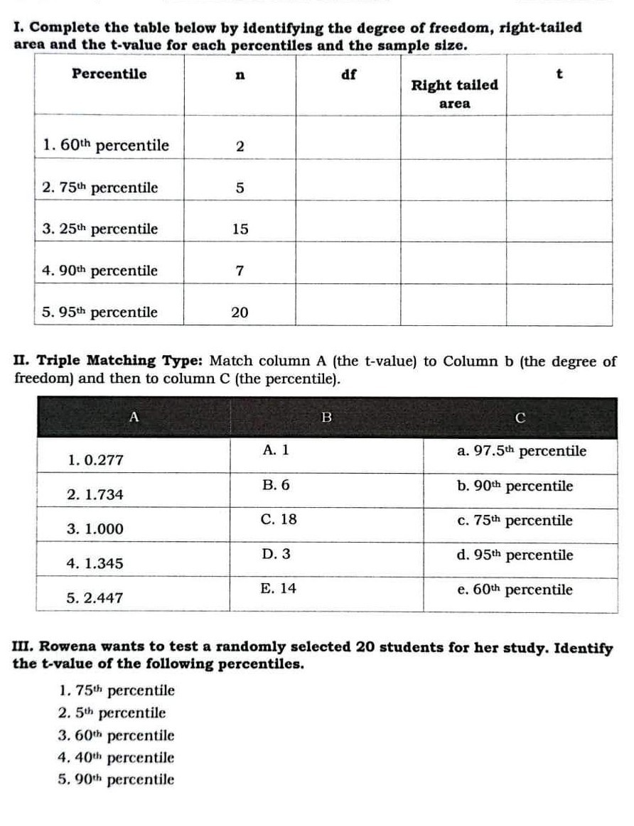 i complete the table below by identifying the degree of freedom right tailed area and the t ...