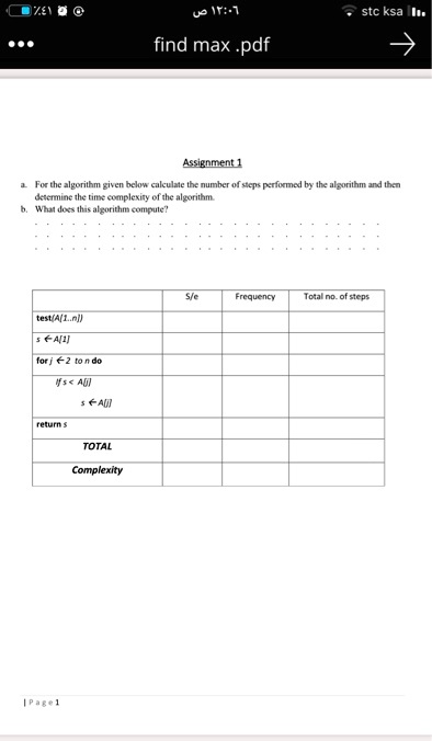 SOLVED: Text: stc ksa find max.pdf Assignment 1 For the algorithm given ...