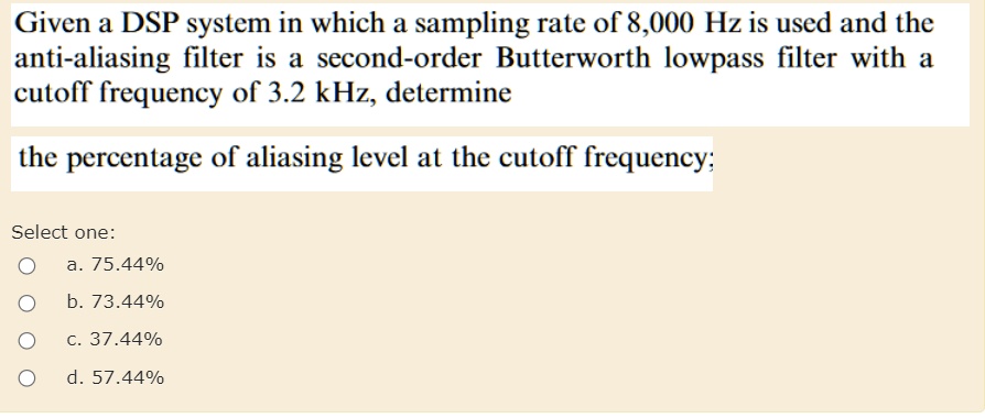 Given a DSP system in which a sampling rate of 8,000 Hz is used and the anti-aliasing filter is ...