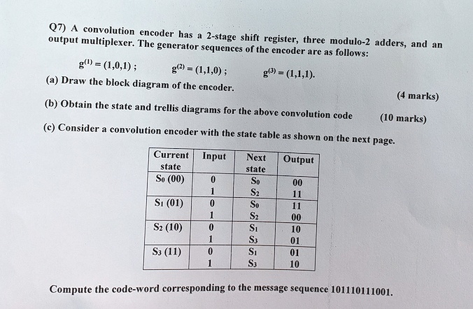 Solved Q7 A Convolution Encoder Has A 2 Stage Shift Register Three Modulo 2 Adders And An