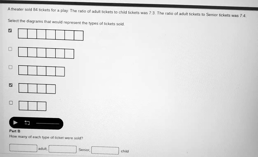 SOLVED: A theater sold 84 tickets for a play. The ratio of adult ...
