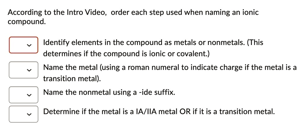 according to the intro video order each step used when naming an ionic ...