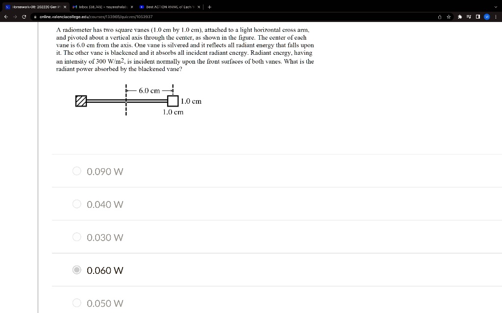 a radiometer has two square vanes 10 cm by 10 cm attached to a light ...