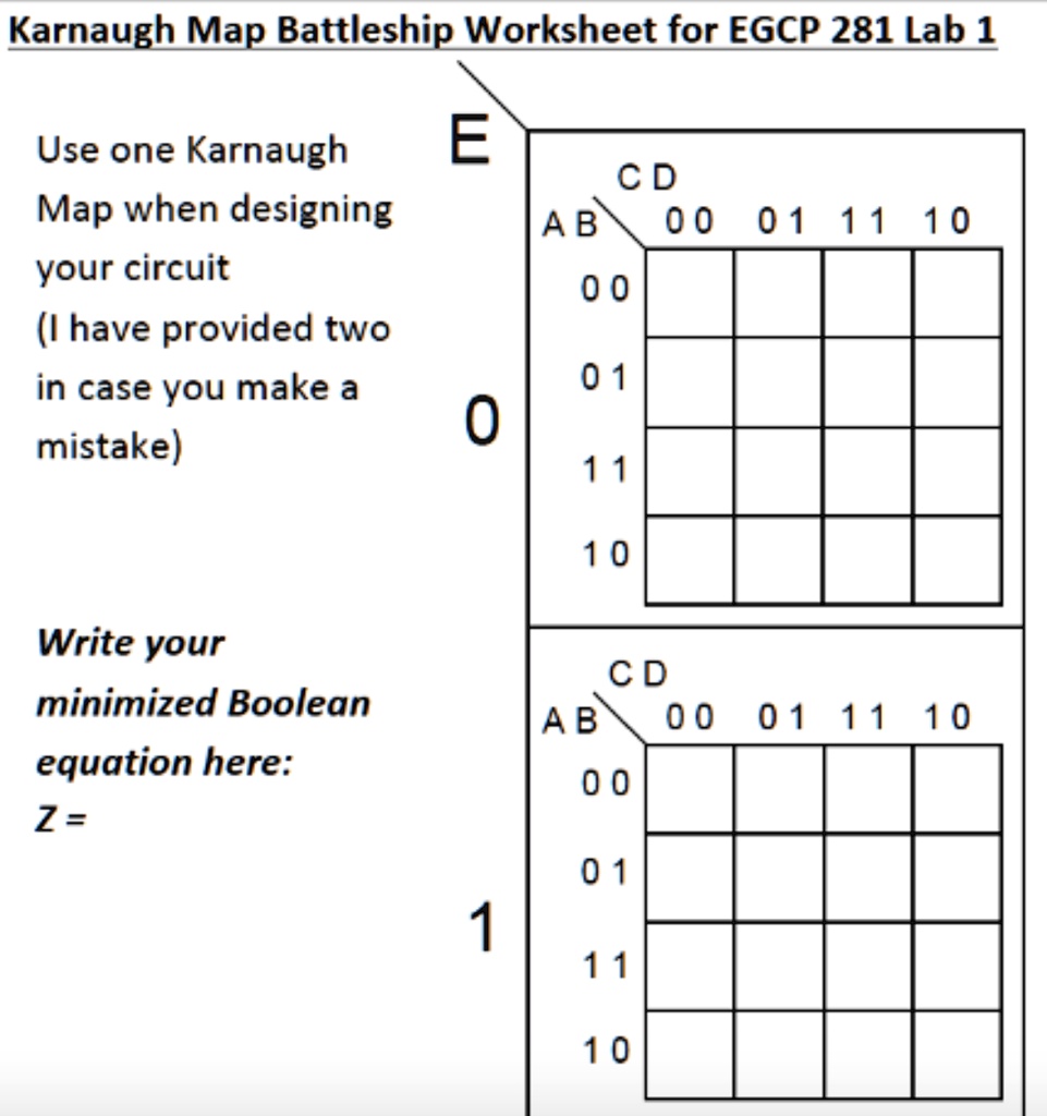 SOLVED: 1- Use the Karnaugh Map Battleship Worksheet to help you specify a five input, one ...