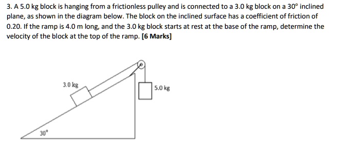 3. A 5.0 kg block is hanging from a frictionless pulley and is connected to a 3.0 kg block on a ...