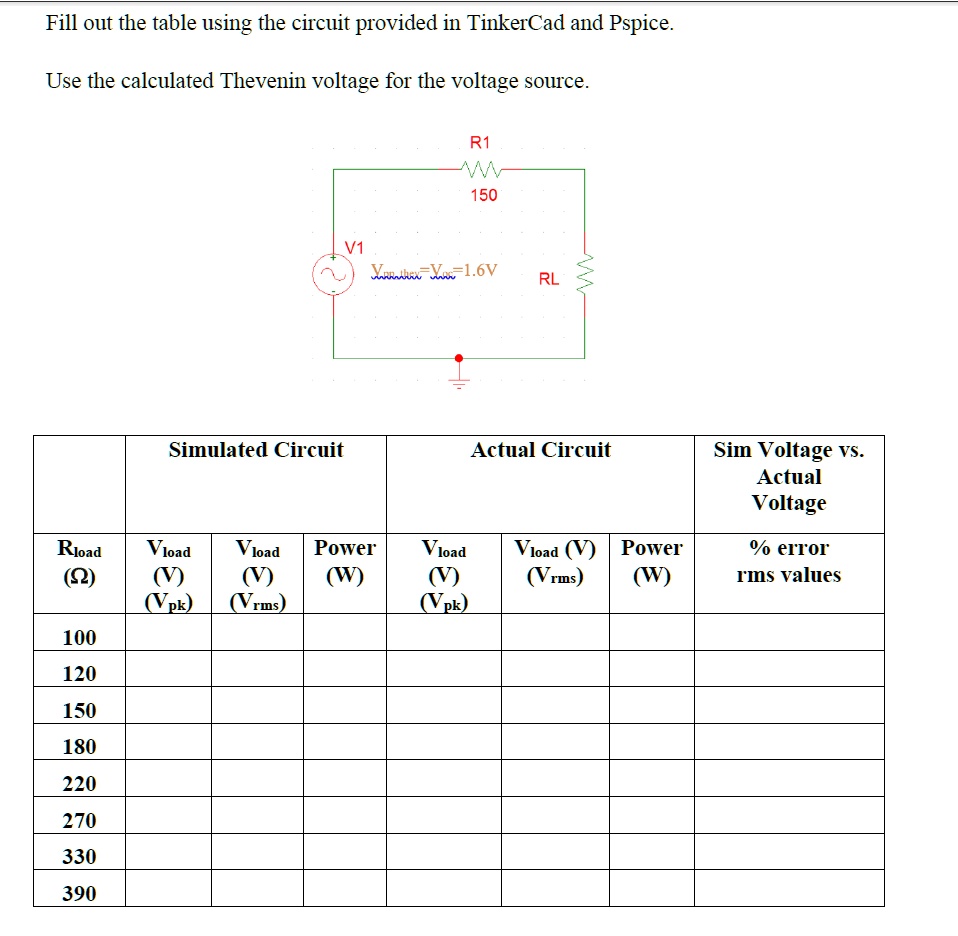 SOLVED: Text: Fill out the table using the circuit provided in TinkerCad and PSpice. Use the ...