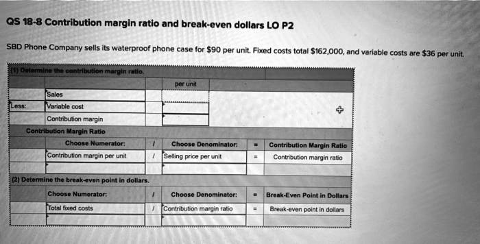 QS 18-8 Contribution margin ratio and break-even dollars LO P2 SBD ...