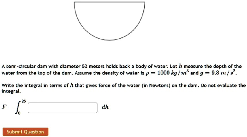 SOLVED: A semi-circular dam with diameter 52 meters holds back a body ...