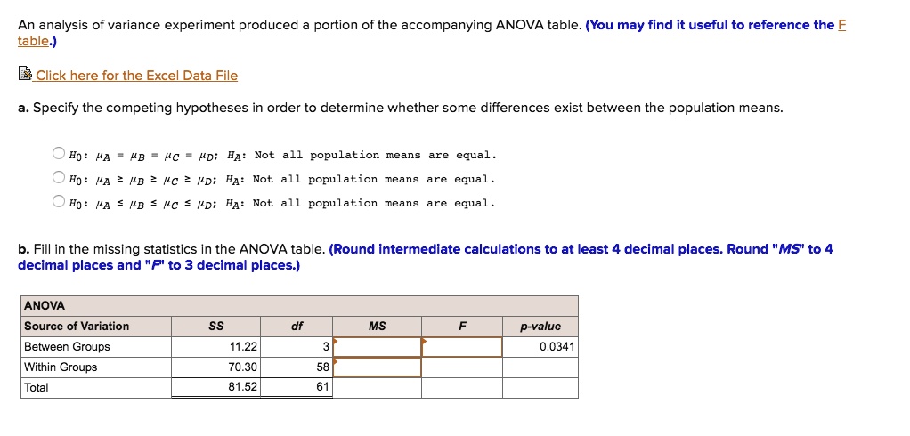 SOLVED: An analysis of variance experiment produced portion of the accompanying ANOVA table ...
