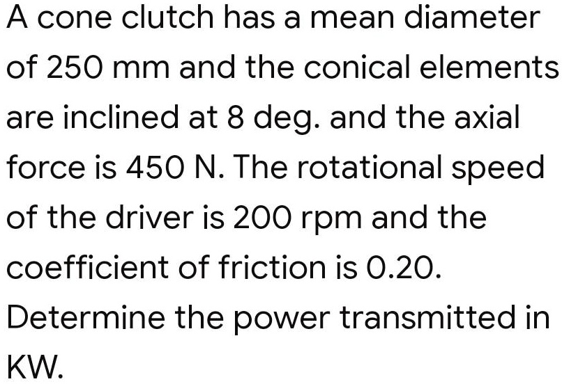 SOLVED: A cone clutch has a mean diameter of 250 mm and the conical ...