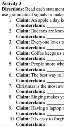 claim and counter claim activity 3 directions read each statement use grammatical signals to ...