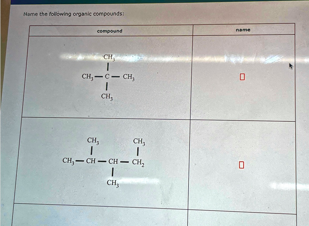 Name the following organic compounds: Compound Name CH4 - Methane ...