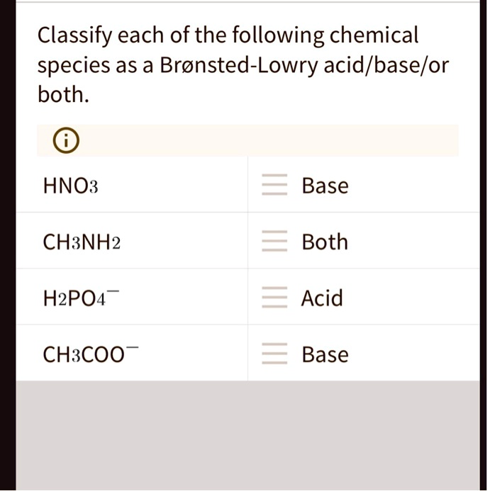 SOLVED: Classify each of the following chemical species as a Bronsted-Lowry acid/base or both ...