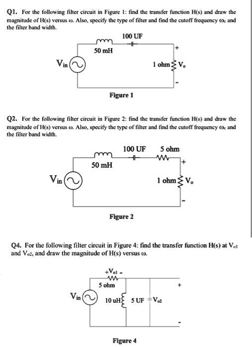 SOLVED: Q1. For the following filter circuit in Figure 1, find the transfer function H(s) and ...