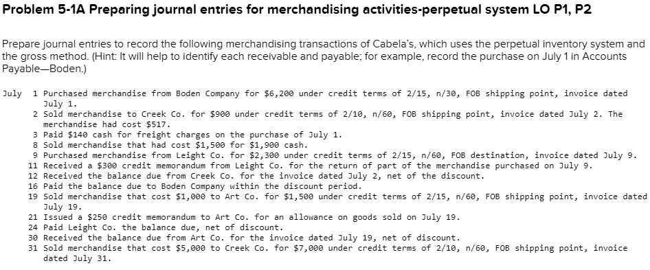 SOLVED: Problem 5-1A Preparing journal entries for merchandising ...