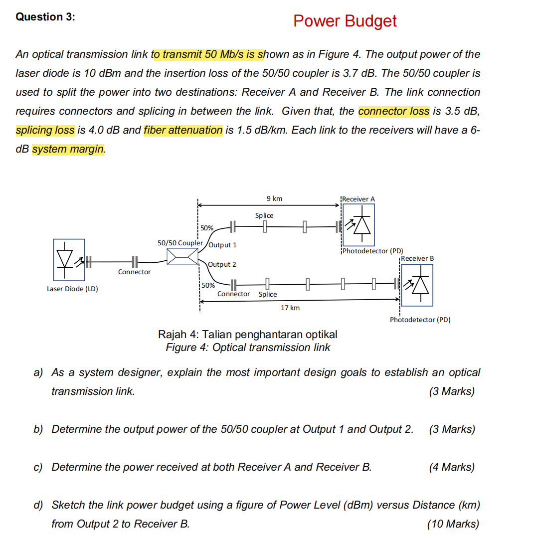 [GET ANSWER] Question 3: Power Budget An optical transmission link to transmit 50 Mb / s is ...