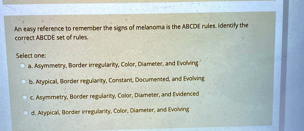 an easy reference to remember the signs of melanoma is the abcde rules ...