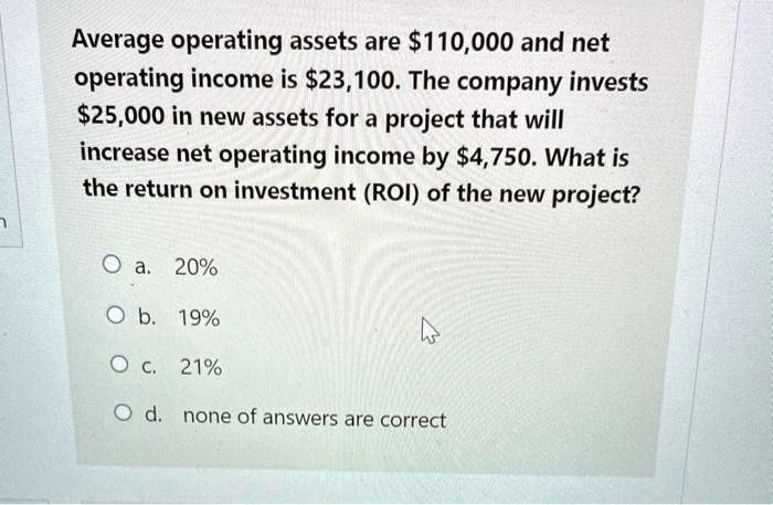 Average operating assets are 110,000 and net operating income is23,100 ...