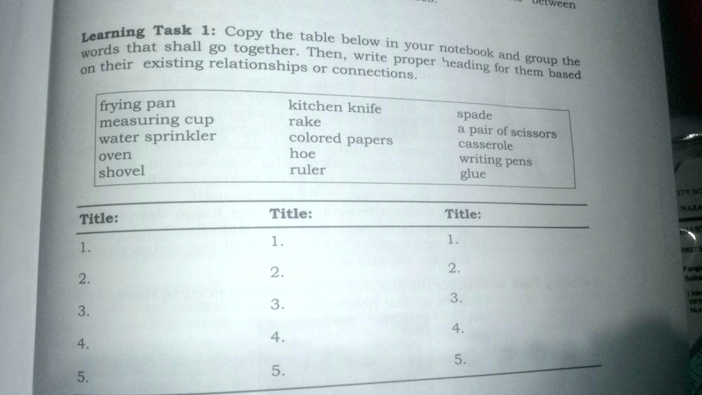 SOLVED: Advance thank you sa makakasagot. Learning Task 1: Copy the table below that shall go ...